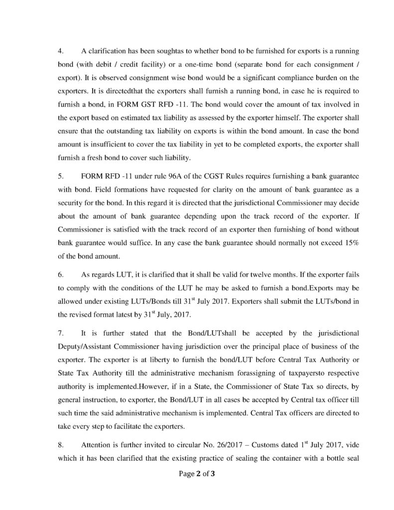 Circular No. 4/4 /2017 – GST – Issues related to Bond/Letter of ...