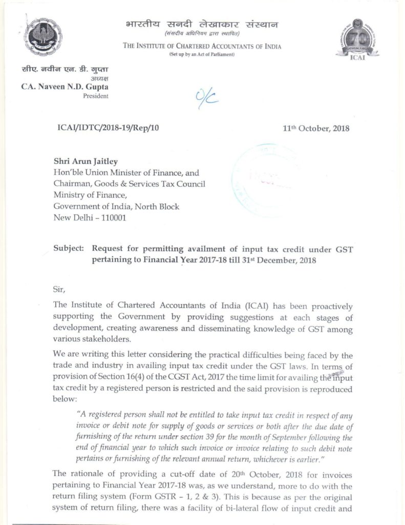 ICAI representation for extension of availment of ITC under GST ...