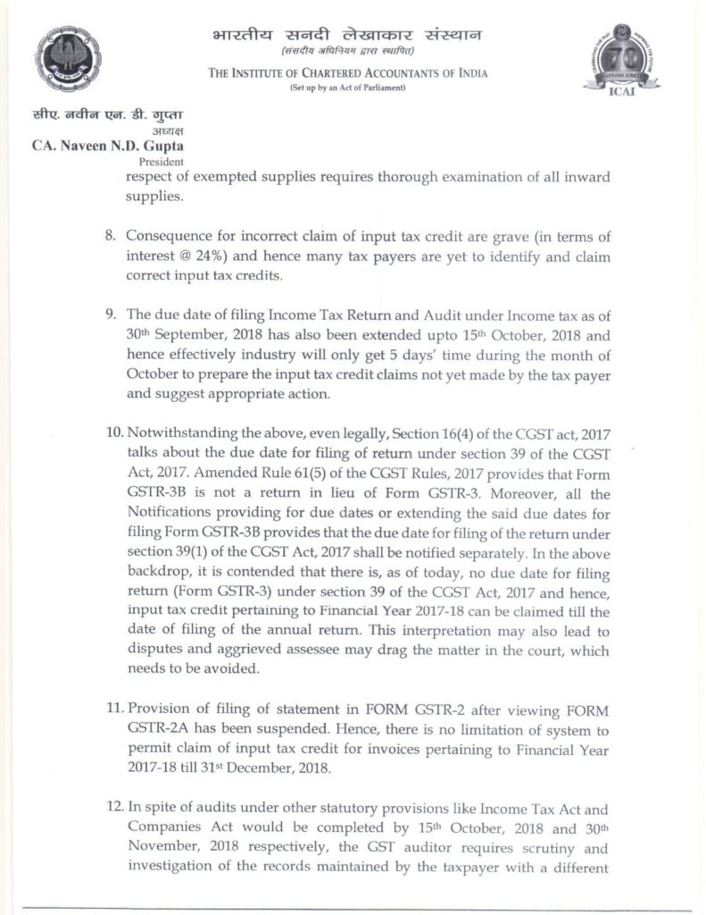ICAI representation for extension of availment of ITC under GST ...