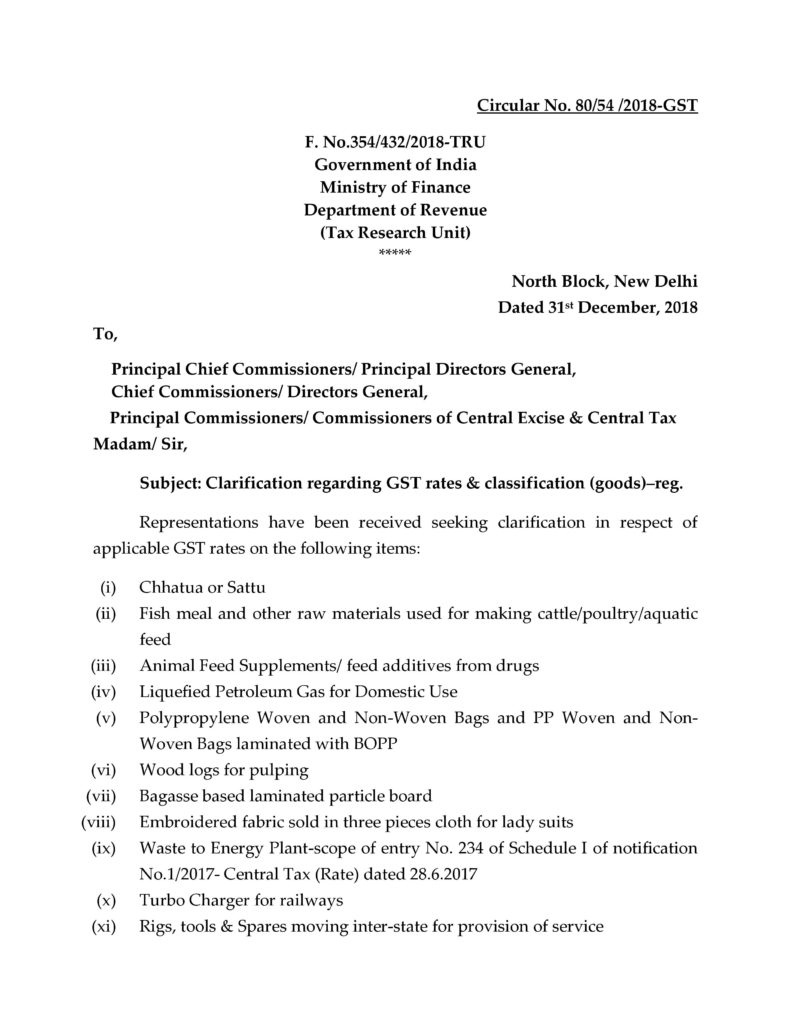 Circular No. 80/54/2018-GST – Clarification regarding GST rates ...