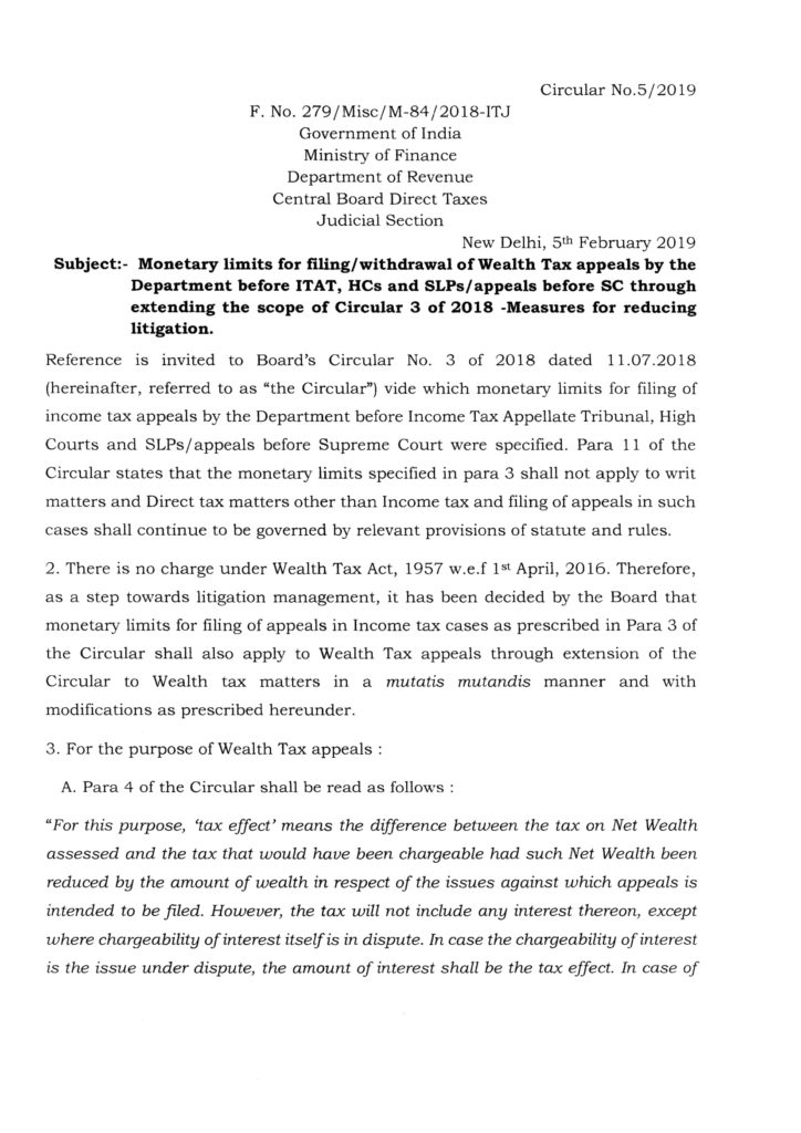 Monetary limits for filing/withdrawal of Wealth Tax appeals by the ...