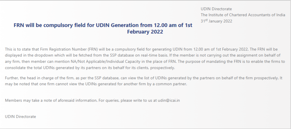 ICAI makes FRN filed mandatory for UDIN generation - Taxcharcha